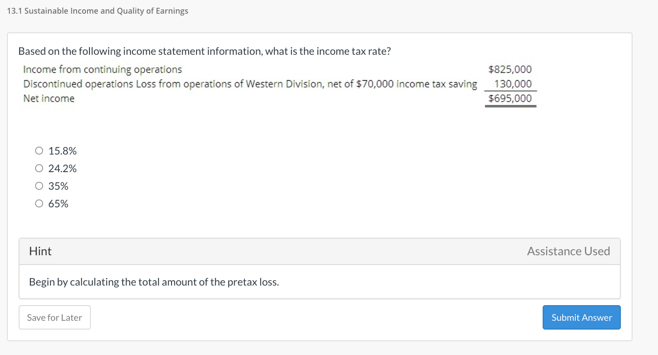 Solved 13.1 Sustainable Income and Quality of Earnings Based | Chegg.com