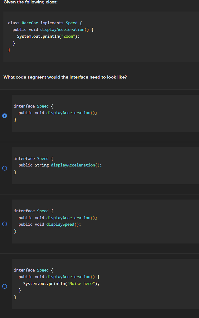 Solved Given the following closs: class RaceCar implements | Chegg.com