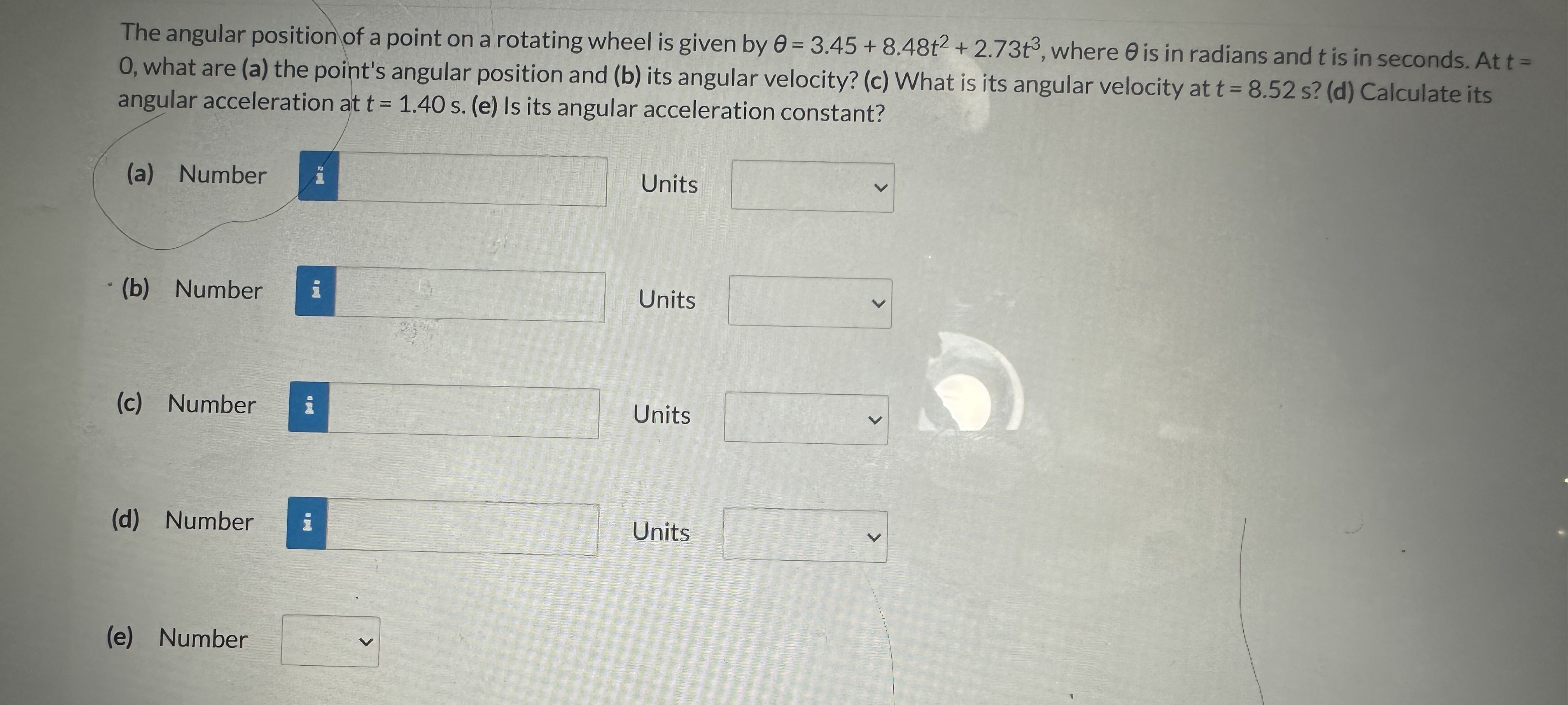 Solved The angular position of a point on a rotating wheel | Chegg.com