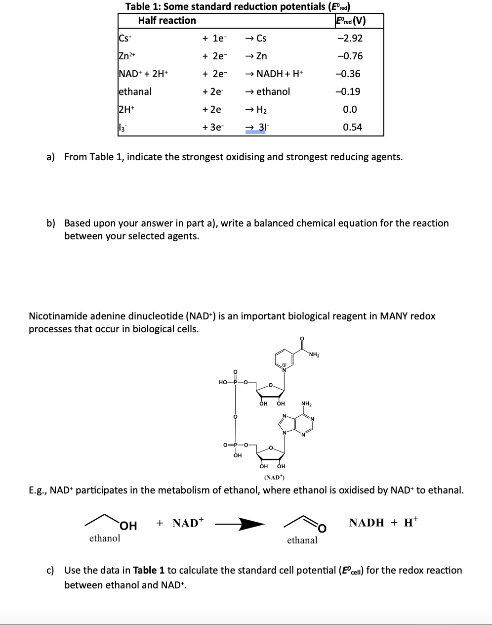 Solved Table 1: Some standard reduction potentials ( \( | Chegg.com