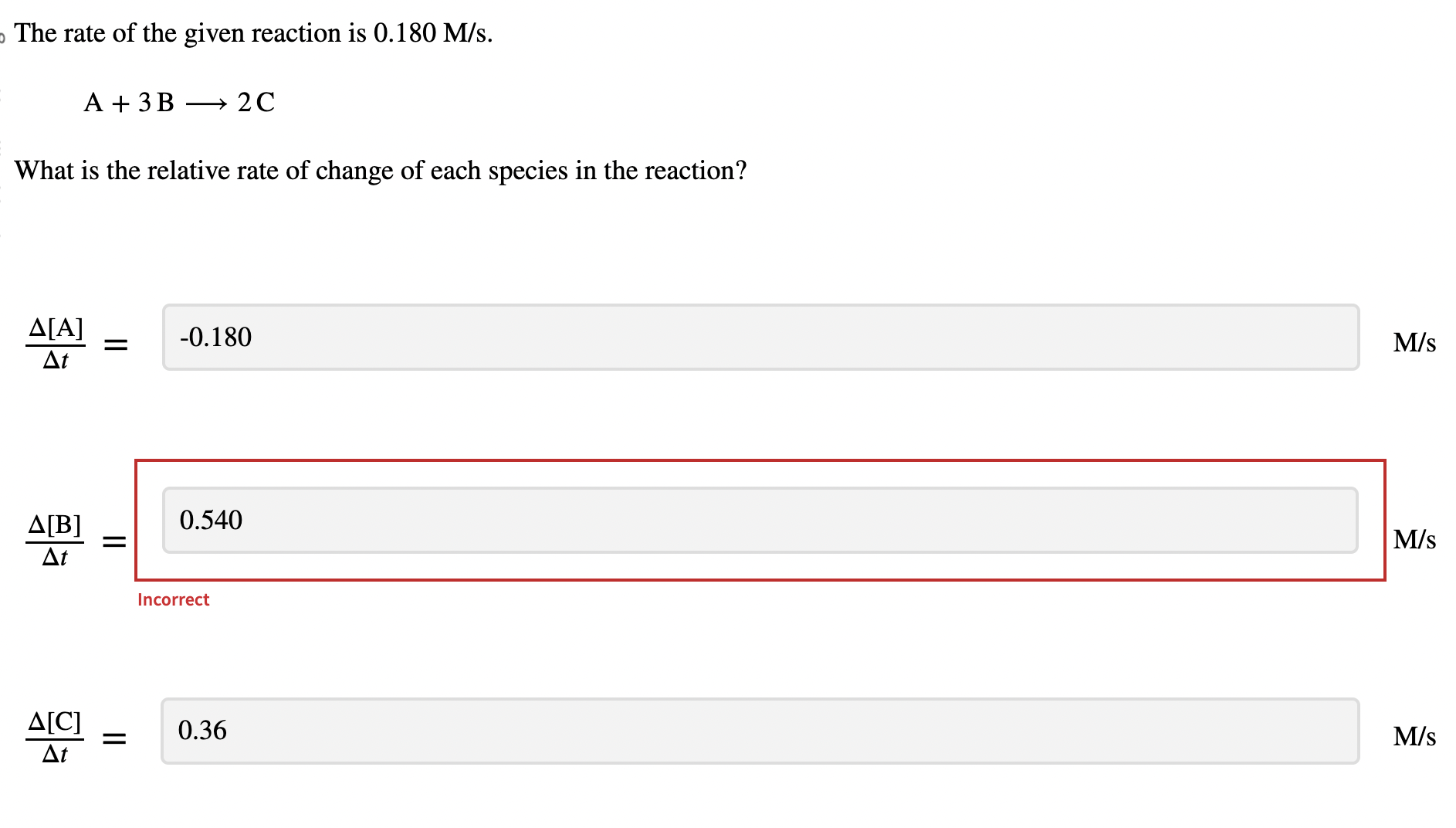 Solved The rate of the given reaction is 0.180M/s. A+3 B 2C | Chegg.com