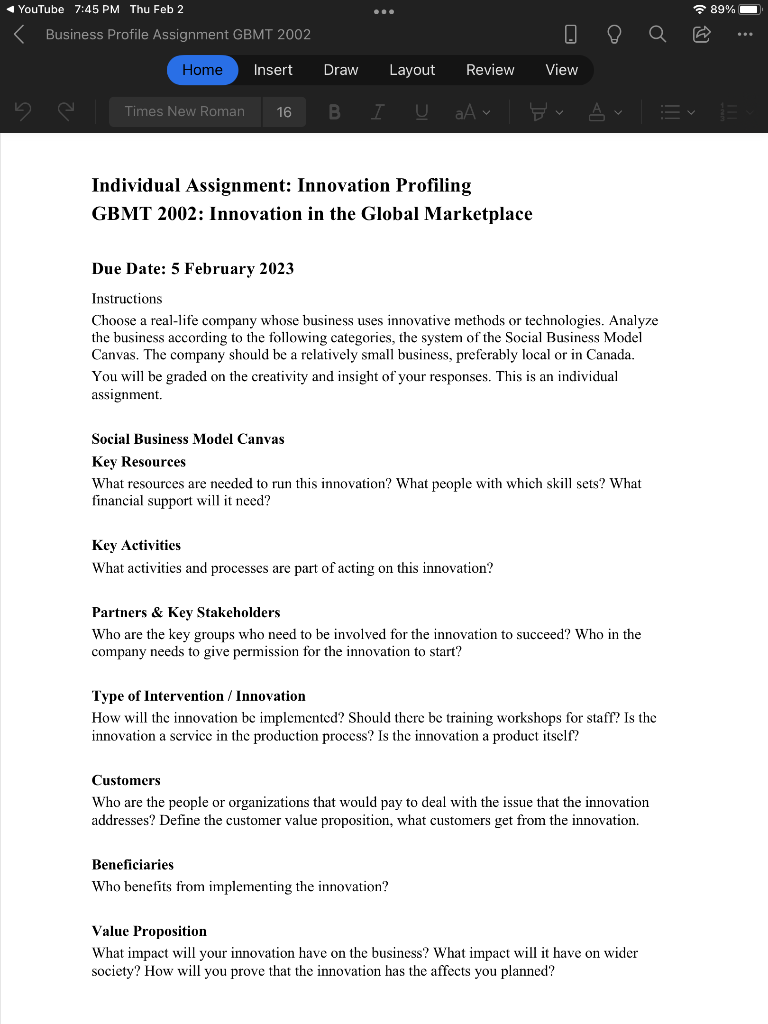 Individual Assignment: Innovation Profiling GBMT | Chegg.com