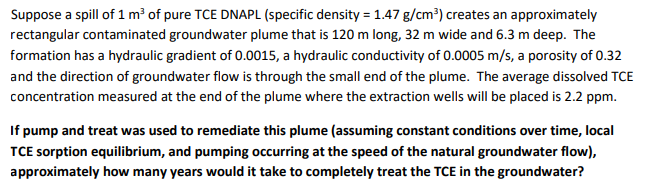 Solved Suppose a spill of 1 m³ of pure TCE DNAPL (specific | Chegg.com