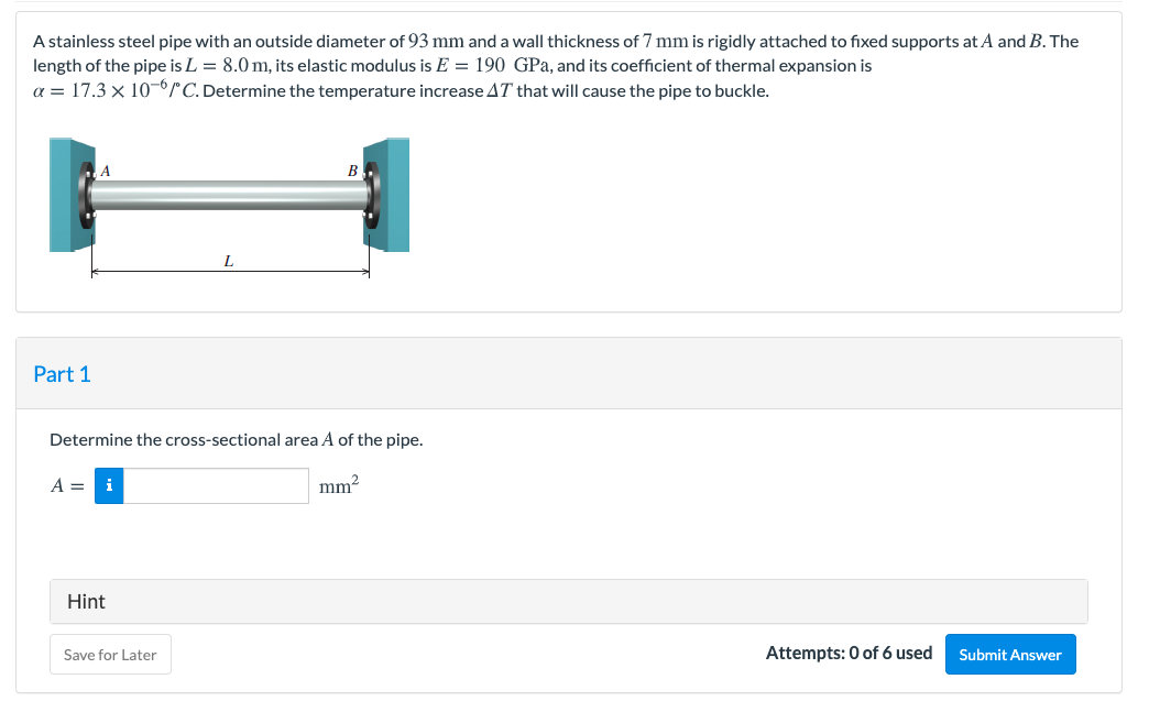 Solved Determine the cross-sectional area A of the pipe. | Chegg.com