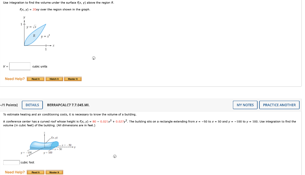 Solved Use integration to find the volume under the surface | Chegg.com