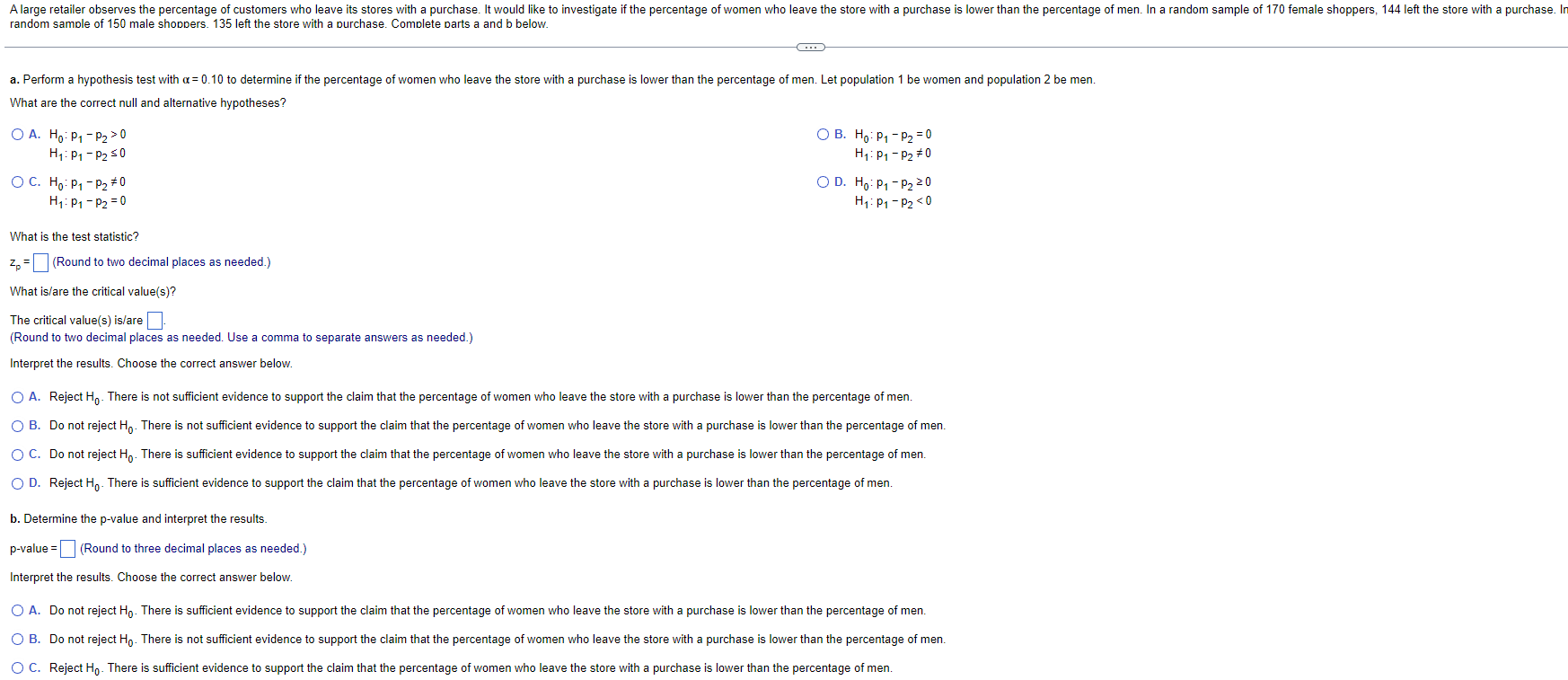 Solved random sample of 150 ﻿male shoppers. 135 ﻿left the | Chegg.com
