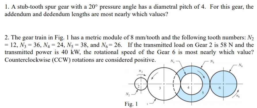 Solved 1. A stub-tooth spur gear with a 20° pressure angle | Chegg.com