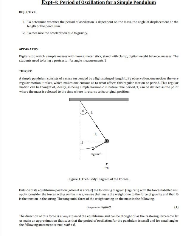 Solved Expt-4: Period of Oscillation for a Simple Pendulum | Chegg.com
