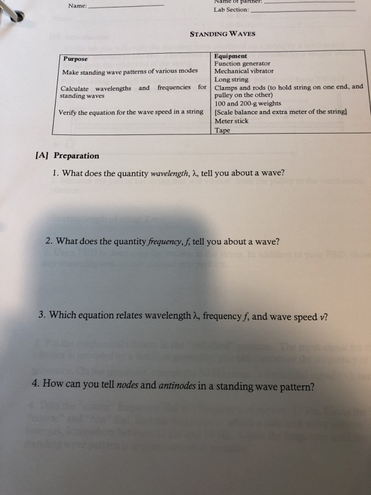 Solved Name: Lab Section STANDING WAVES Equipment Purpose | Chegg.com