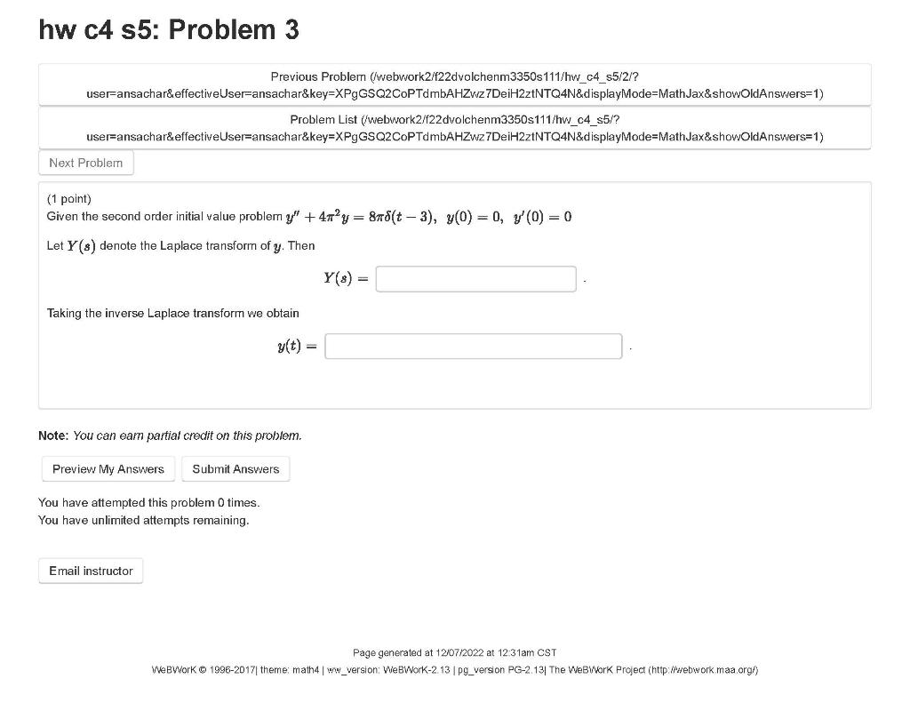 Solved 1 Point Given The Second Order Initial Value 