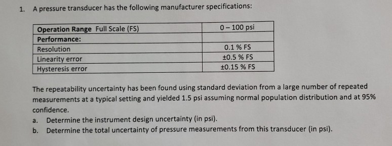 Solved 1. A pressure transducer has the following | Chegg.com