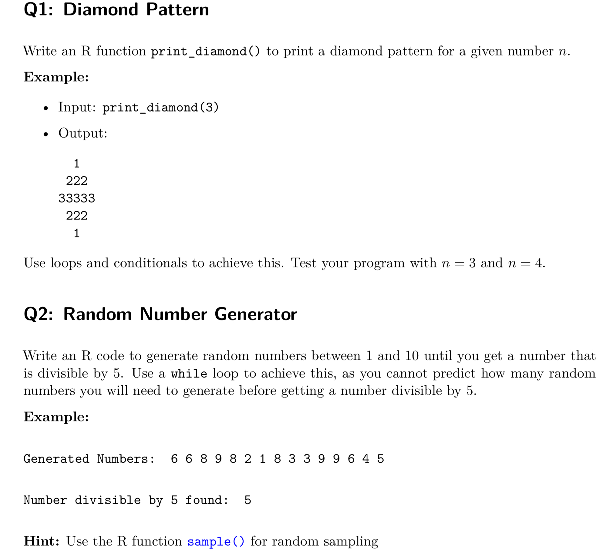 Solved Q1: Dlamond Pattern Write an R function | Chegg.com