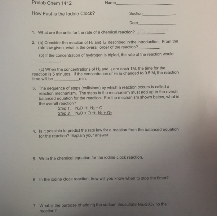 Solved Prelab Chem 1412 Name How Fast is the lodine Clock? | Chegg.com
