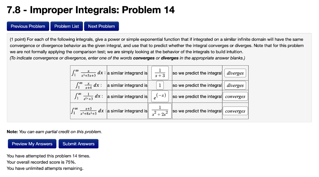 Solved 7.8 - Improper Integrals: Problem 14 (1 point) For | Chegg.com