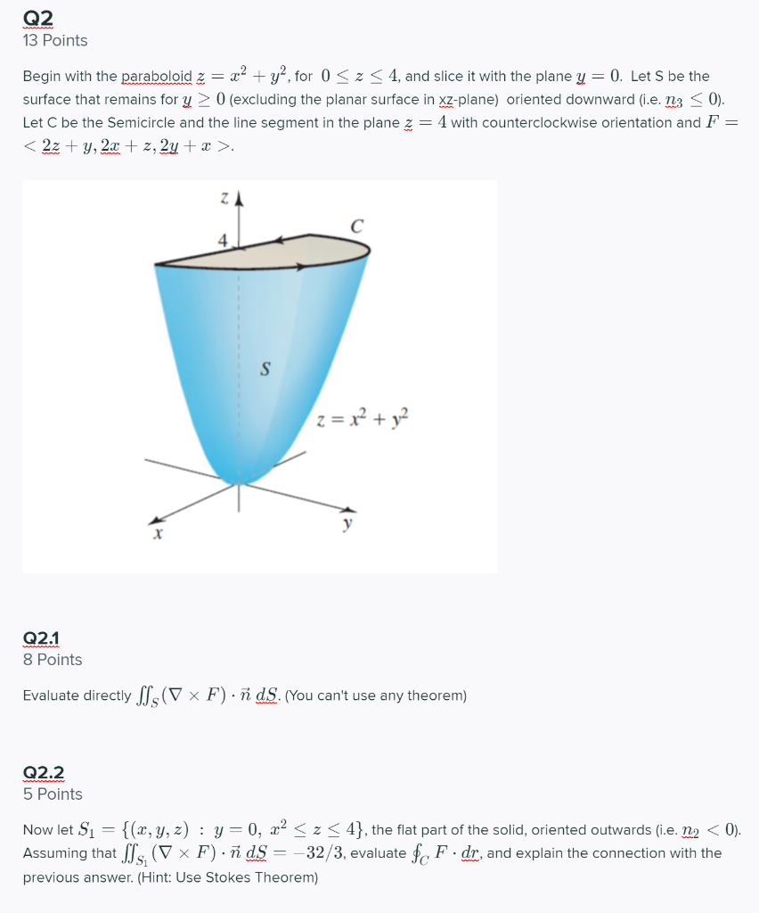 Solved Q2 13 Points Begin with the paraboloid z = x2 + y², | Chegg.com