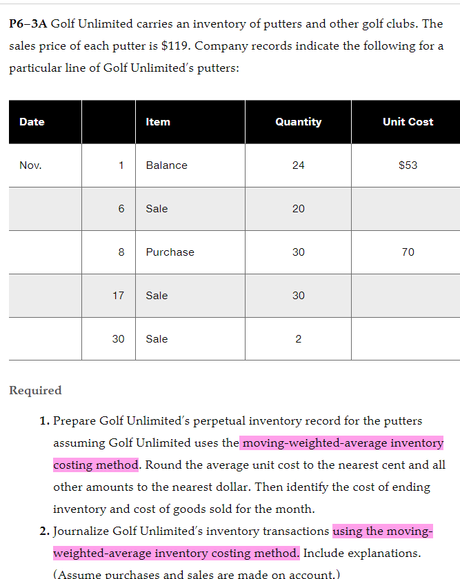 Solved P6-3A Golf Unlimited carries an inventory of putters | Chegg.com