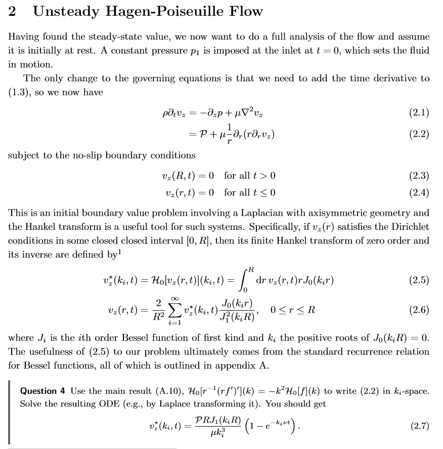 Solved 2 Unsteady Hagen-Poiseuille Flow Having found the | Chegg.com