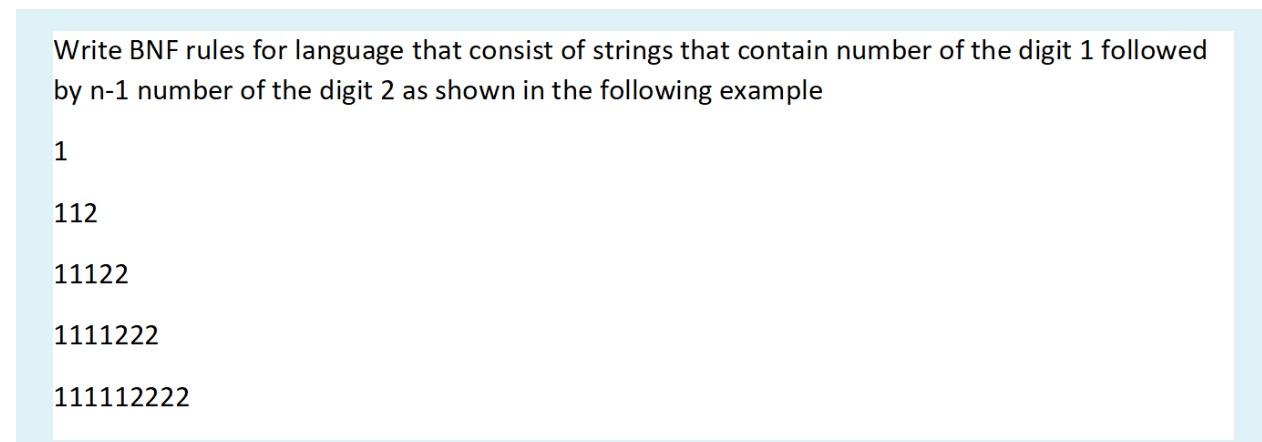 Solved Write BNF rules for language that consist of strings | Chegg.com