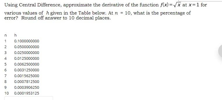 Solved Using Central Difference, approximate the derivative | Chegg.com