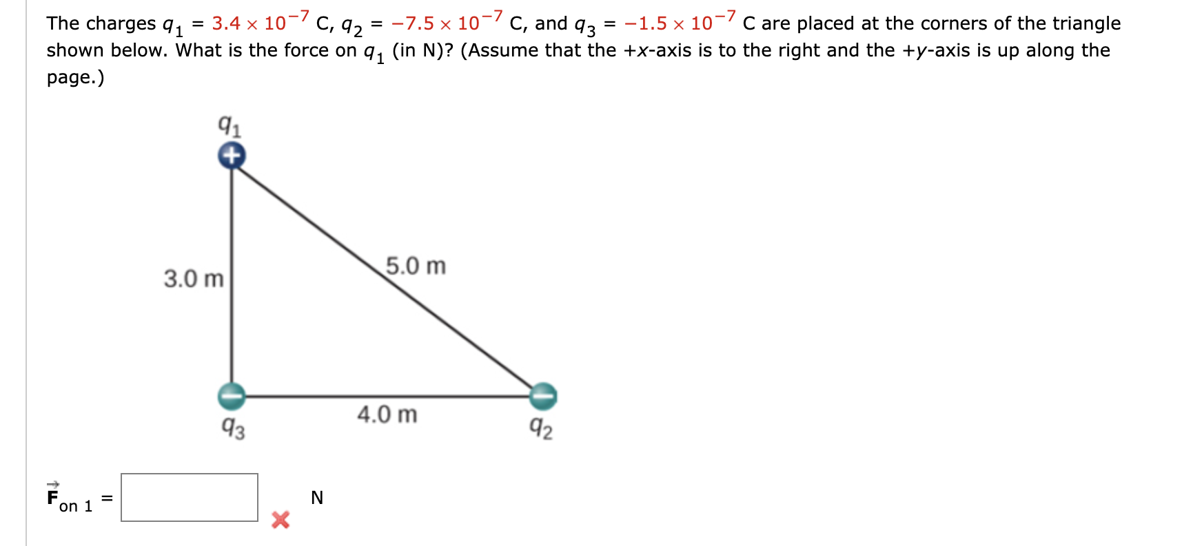 Solved The charges q1=3.4×10−7C,q2=−7.5×10−7C, and | Chegg.com