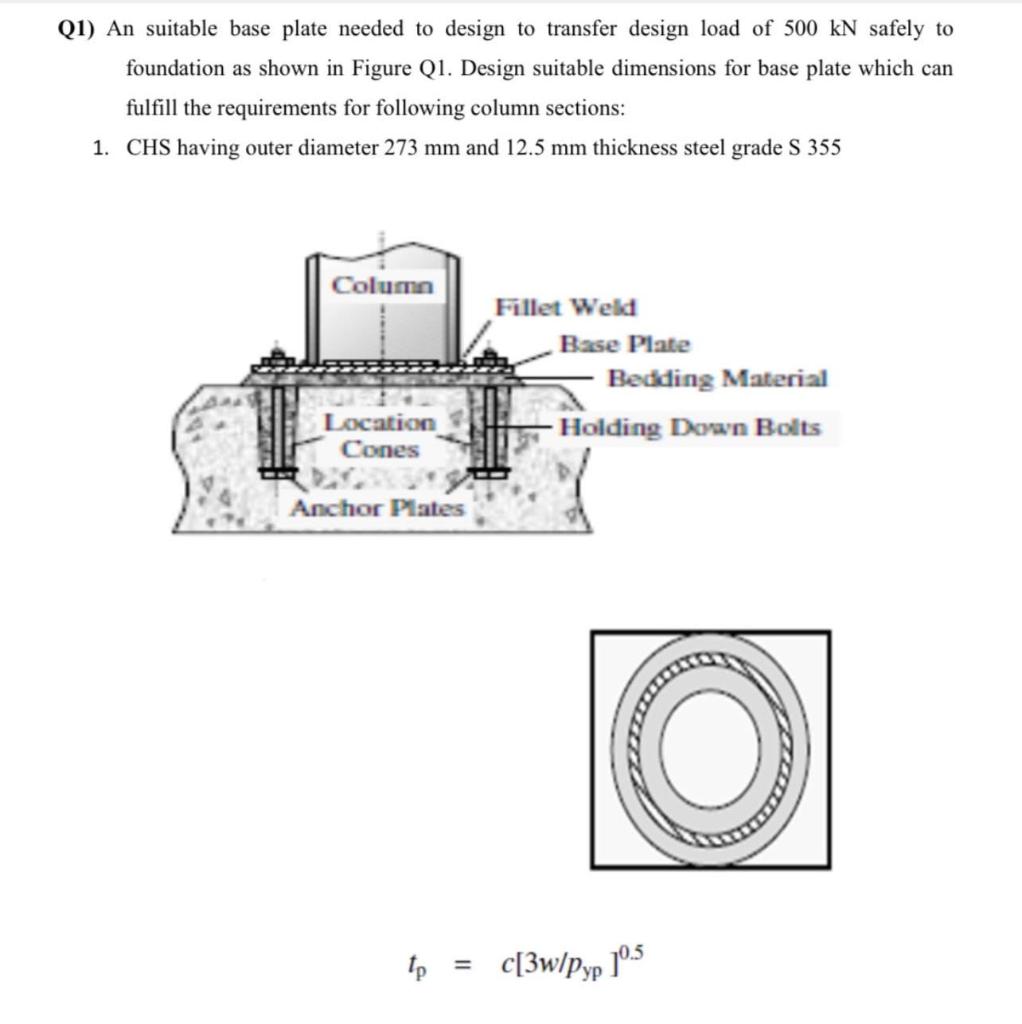 Solved Q1) An suitable base plate needed to design to | Chegg.com