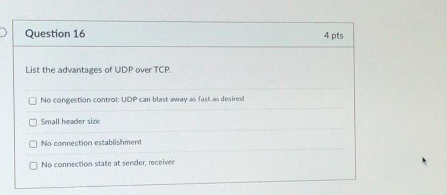 Solved Question 16 4 pts List the advantages of UDP over | Chegg.com