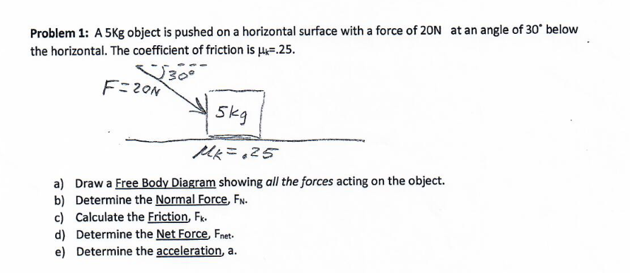 Solved Problem 1: A 5Kg object is pushed on a horizontal | Chegg.com