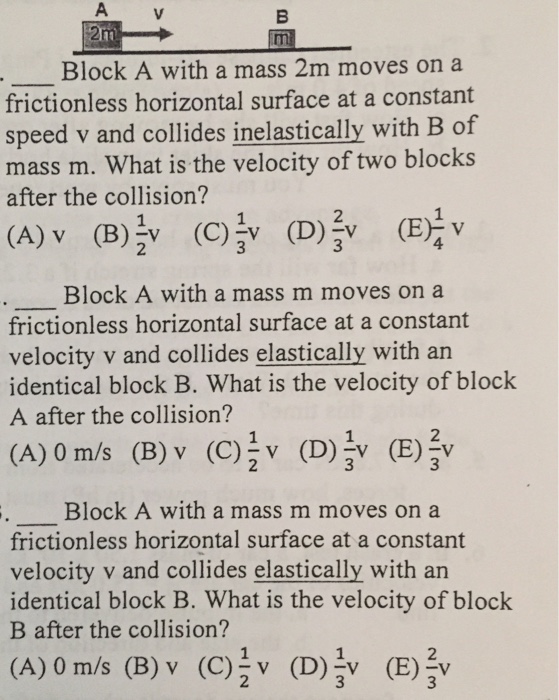 Solved A v :2 Block A with a mass 2m moves on a frictionless | Chegg.com