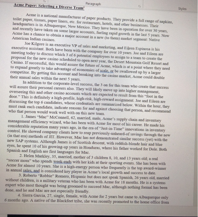 Solved Paragraph Styles Acme Paper: Selecting a Diverse | Chegg.com