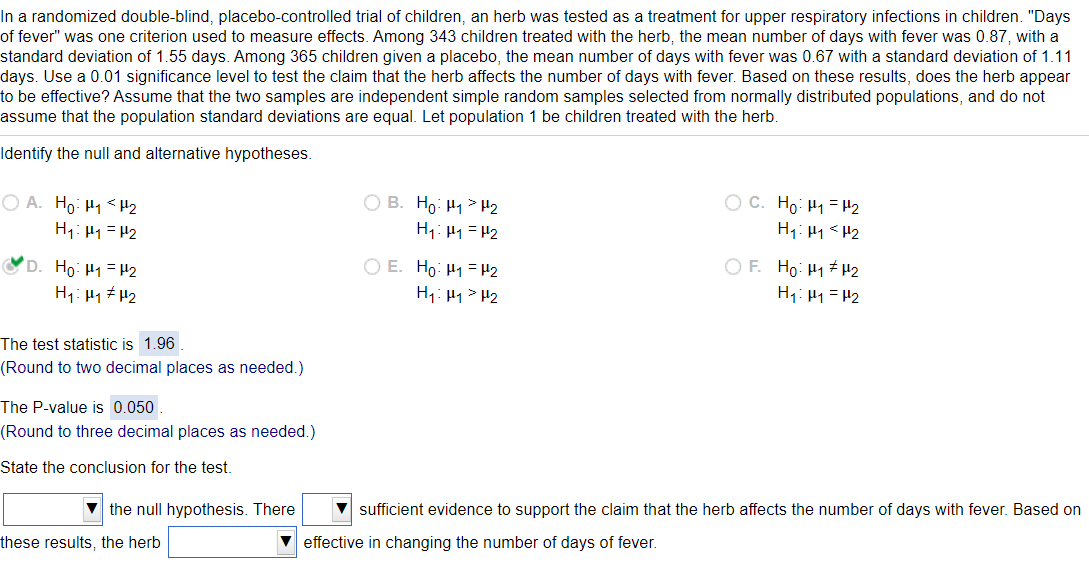 Solved In a randomized double-blind, placebo-controlled | Chegg.com