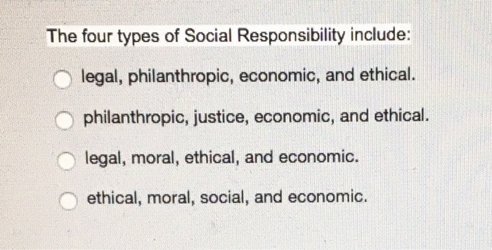 Solved The four types of Social Responsibility include: | Chegg.com