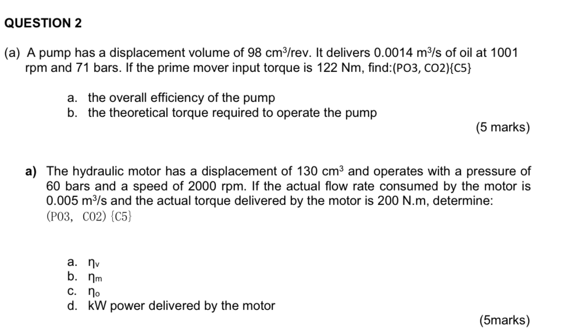 Solved QUESTION 2 (a) A pump has a displacement volume of 98 | Chegg.com