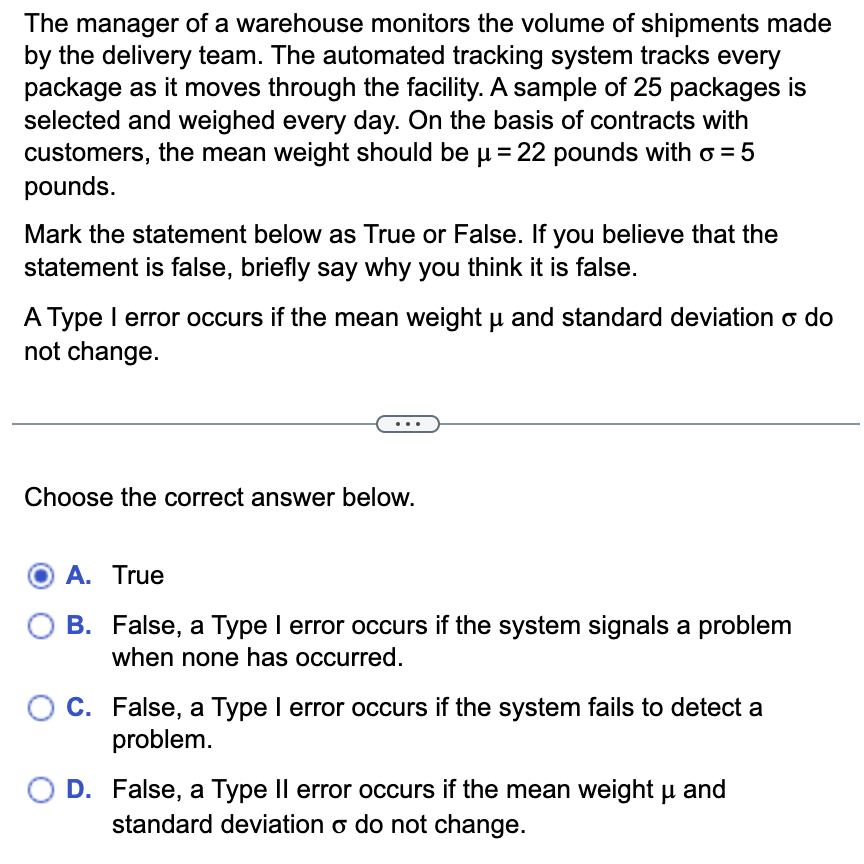 Solved The manager of a warehouse monitors the volume of | Chegg.com