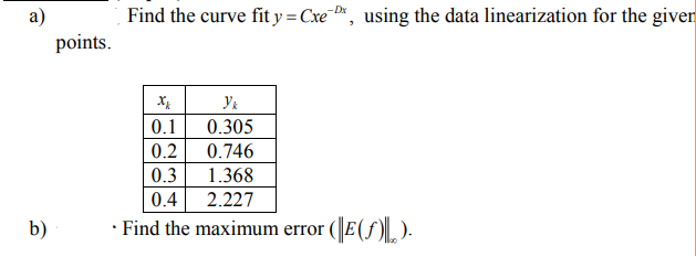 Solved a) Find the curve fit y = Cxe", using the data | Chegg.com
