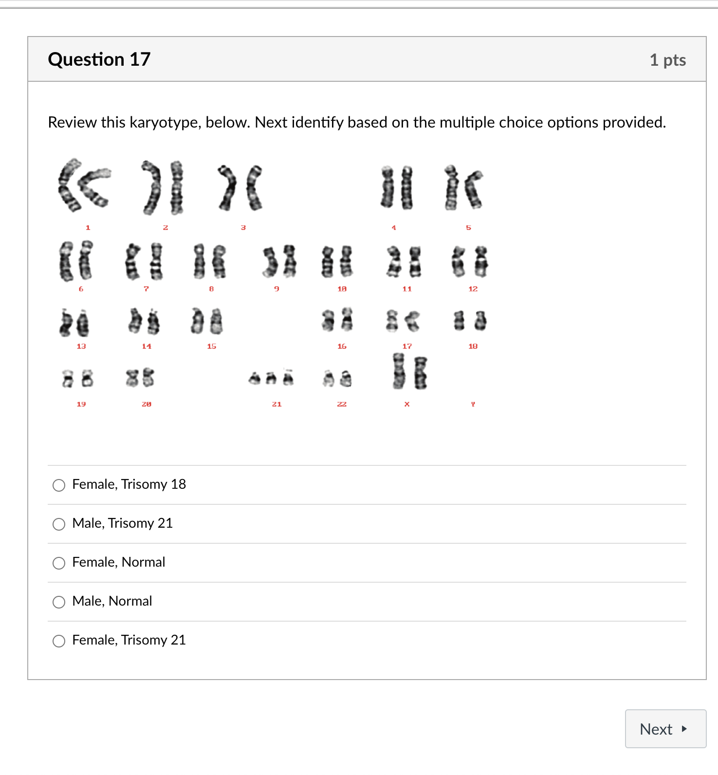 Solved Question 17Review this karyotype, below. Next | Chegg.com