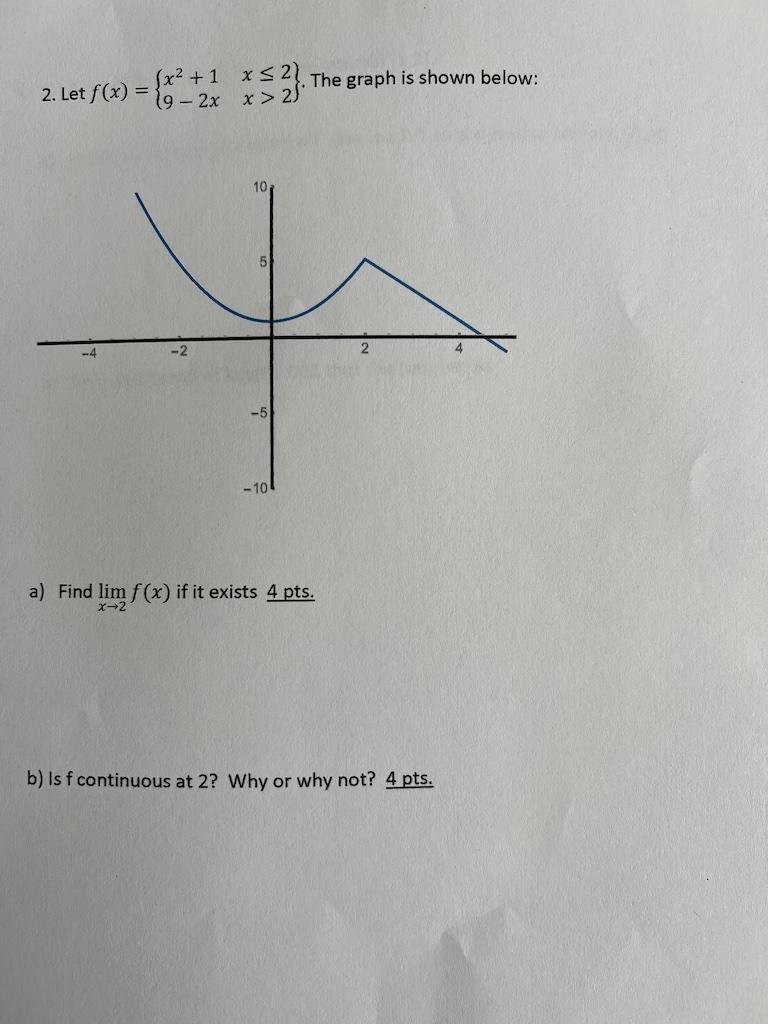 Solved 2. Let f(x)={x2+19−2xx≤2x>2}. The graph is showl a) | Chegg.com