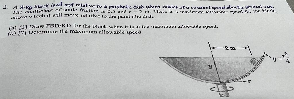 Solved 2. A 3−kg block is at rest relative to a parabolic | Chegg.com