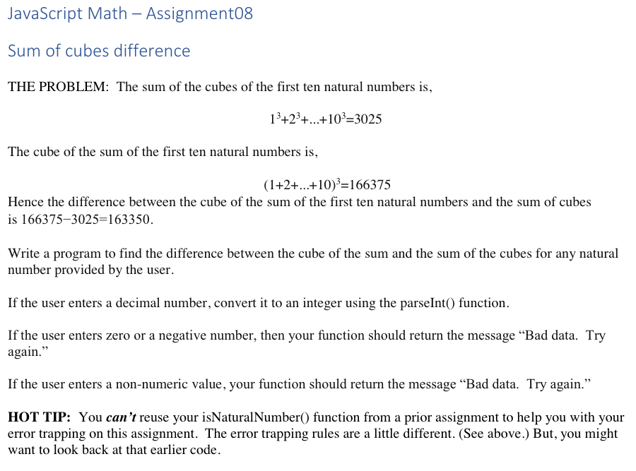 Solved JavaScript Math – Assignment08 Sum of cubes | Chegg.com