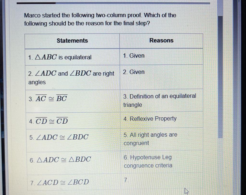 Solved Marco started the following two-column proof. Which | Chegg.com