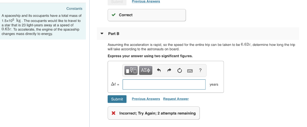 Solved Previous Answers Submit Constants Correct A spaceship | Chegg.com