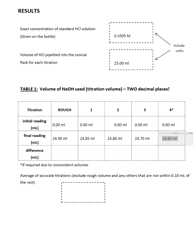 Solved RESULTS Exact concentration of standard HCl solution | Chegg.com