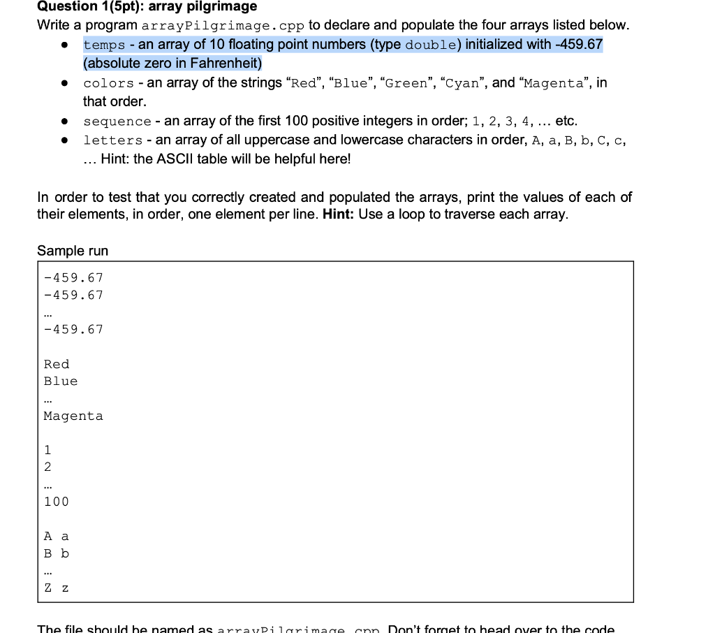 Solved Question 1(5pt): array pilgrimage Write a program | Chegg.com