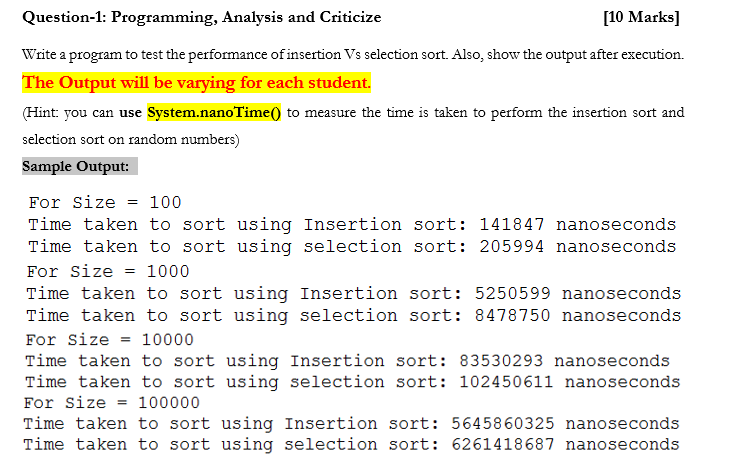 Solved ((Java)) Note : I need to put the values (For Size = | Chegg.com