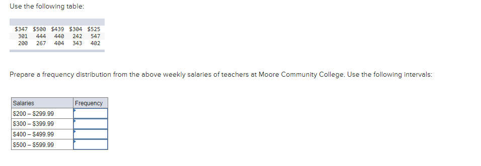 Solved Use the following table: $347 $500 $439 $304 $525 301 | Chegg.com