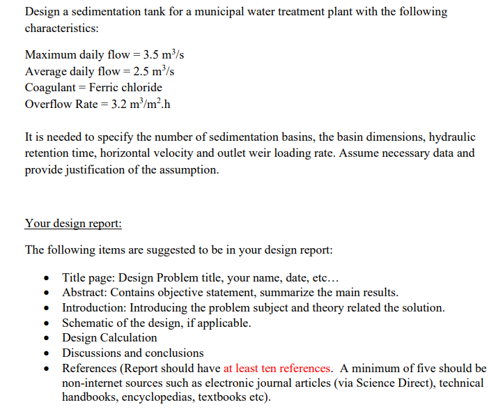 Design a sedimentation tank for a municipal water | Chegg.com