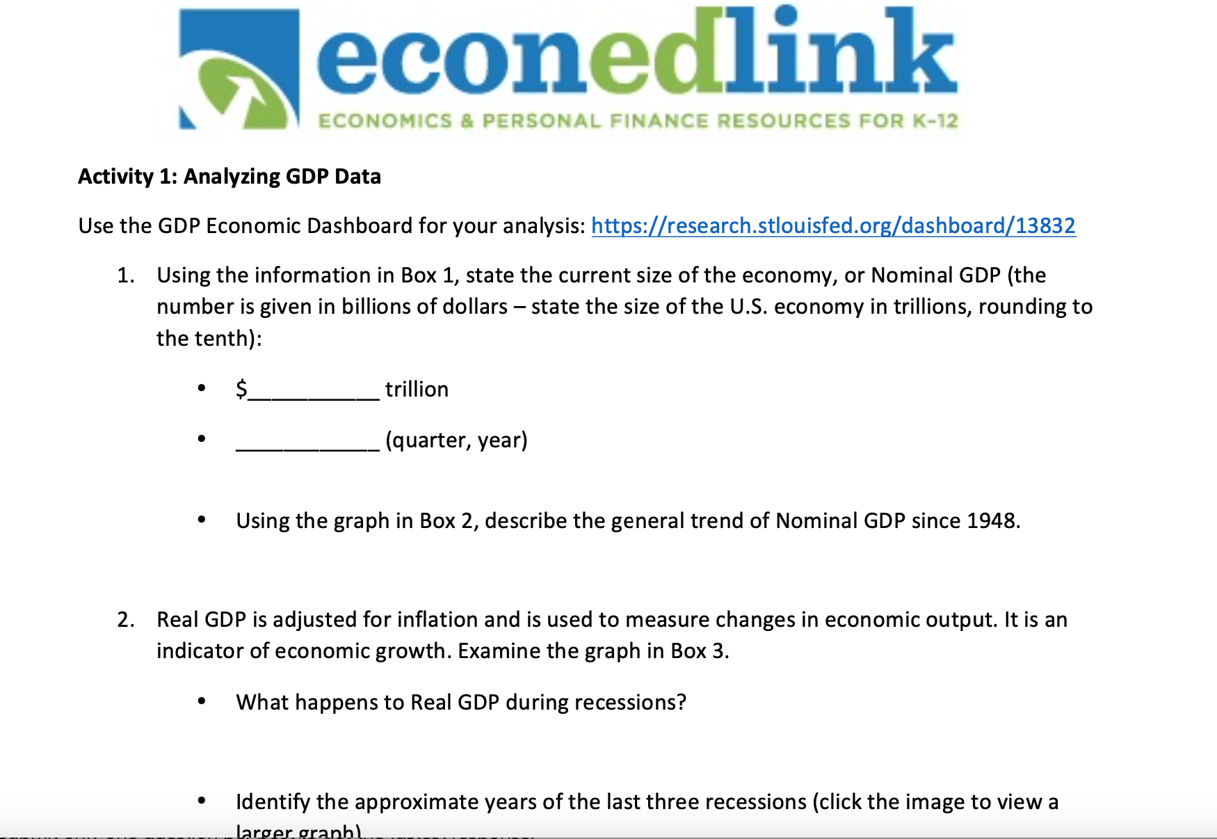 Solved se the GDP Economic Dashboard for your analysis: | Chegg.com