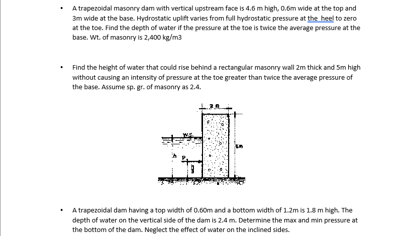 Solved A trapezoidal masonry dam with vertical upstream face | Chegg.com