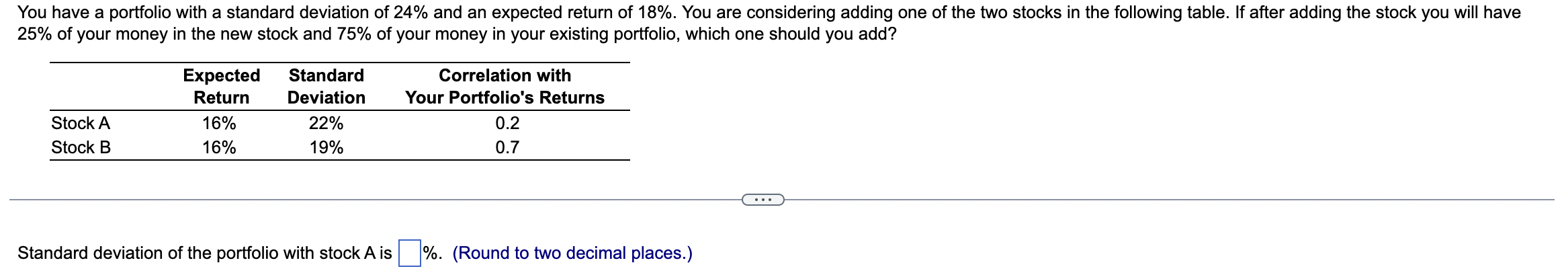 Solved Standard Deviation Of The Portfolio With Stock A Is