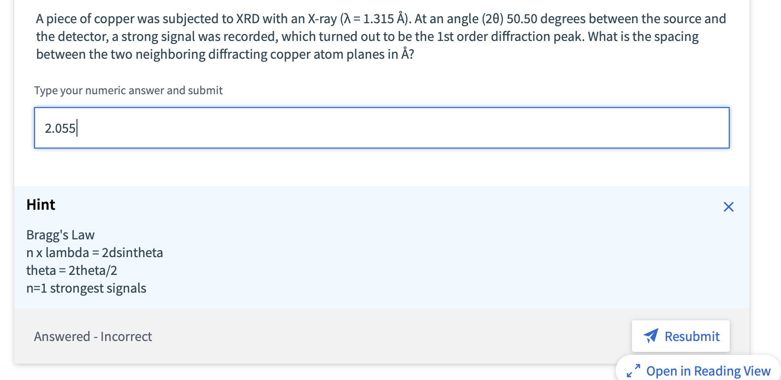 Solved A piece of copper was subjected to XRD with an X-ray | Chegg.com