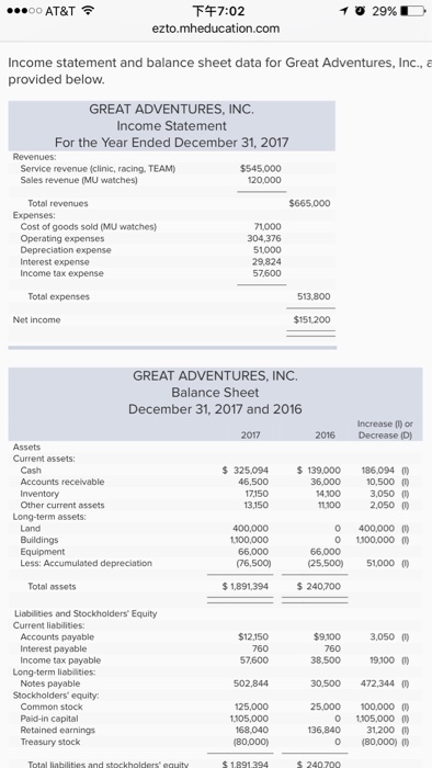 [Question & Answer] 下午7:02 ezto.mheducation.com AT&T令 Income statement ...
